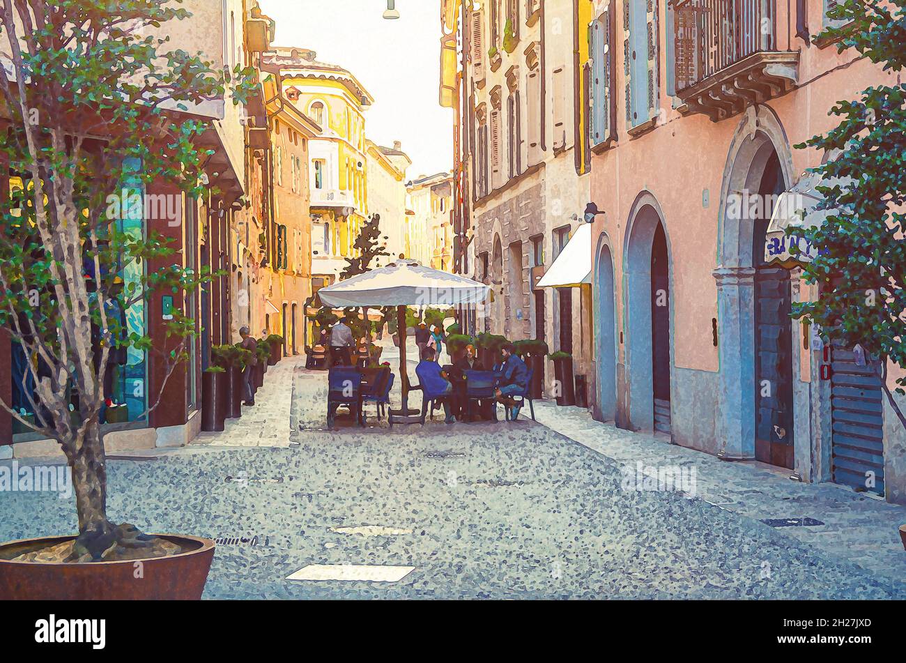Watercolor drawing of Brescia, Italy: Typical italian narrow street ...