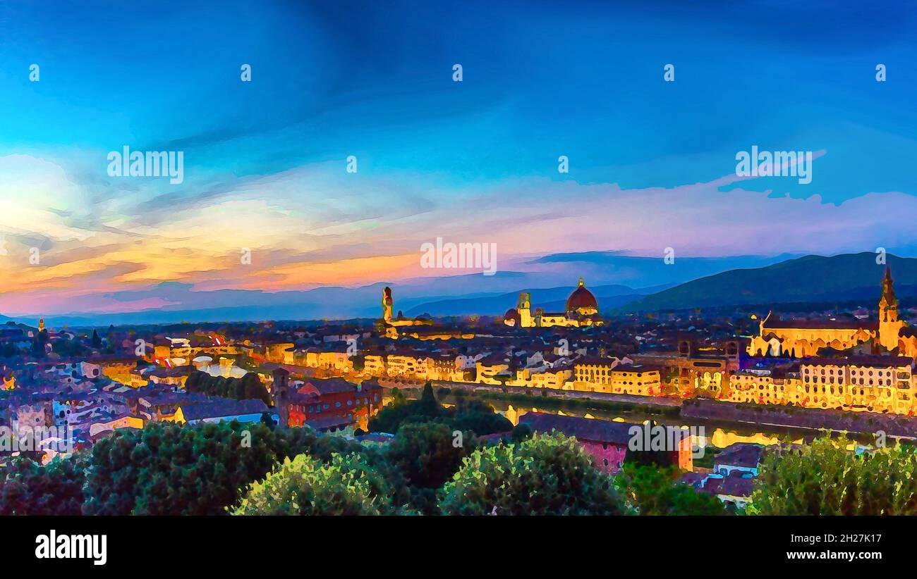 Watercolor drawing of Top aerial panoramic evening view of Florence ...