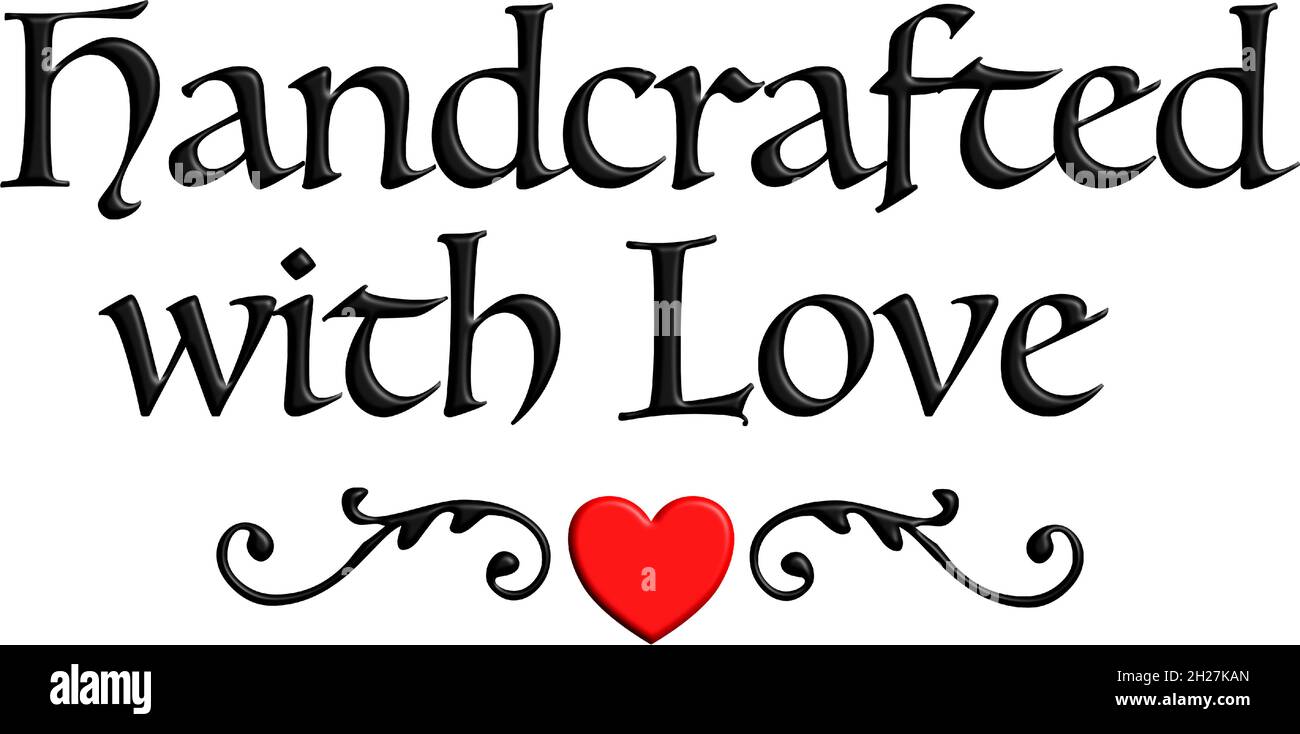 Handcrafted with Love, lettering with red heart. Vector inscription in ...