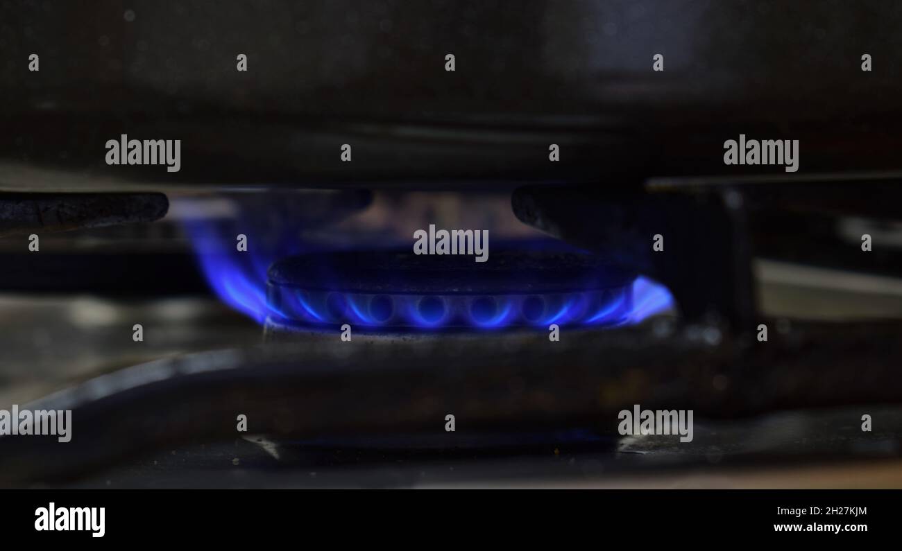 Closeup of the blue flames of the burning gas on the stove Stock Photo ...