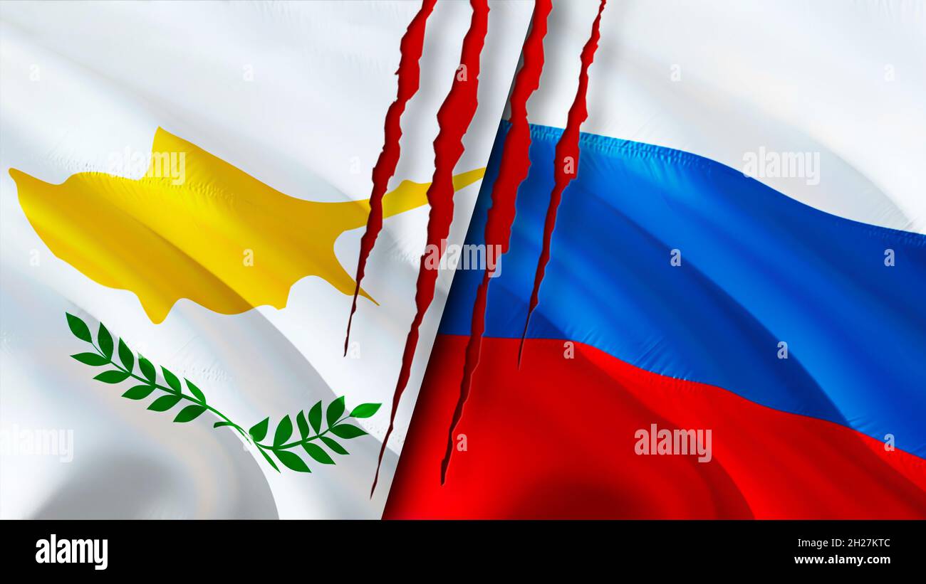 Cyprus and Russia flags with scar concept. Waving flag,3D rendering ...