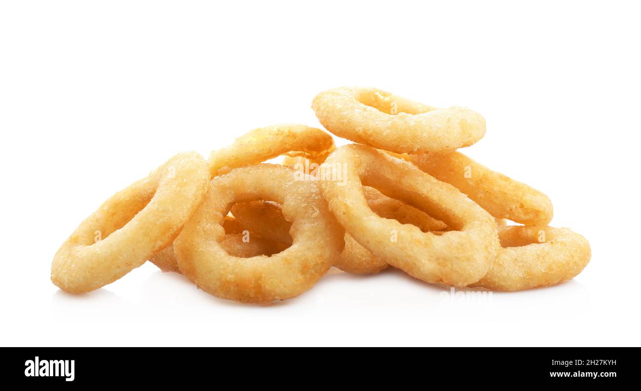 Freshly cooked onion rings on white background Stock Photo - Alamy