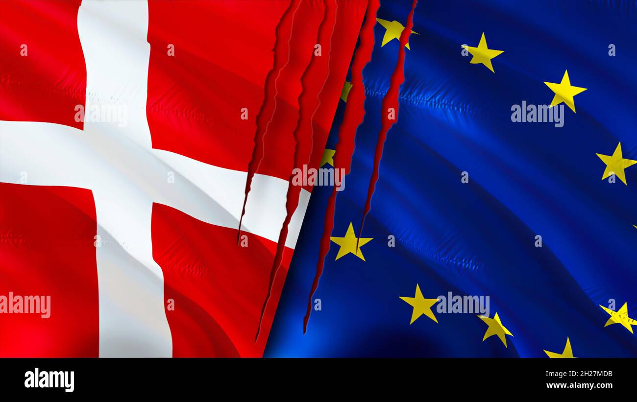 Denmark and European Union flags with scar concept. Waving flag,3D ...