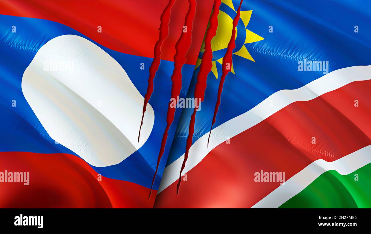 Laos and Namibia flags with scar concept. Waving flag,3D rendering ...