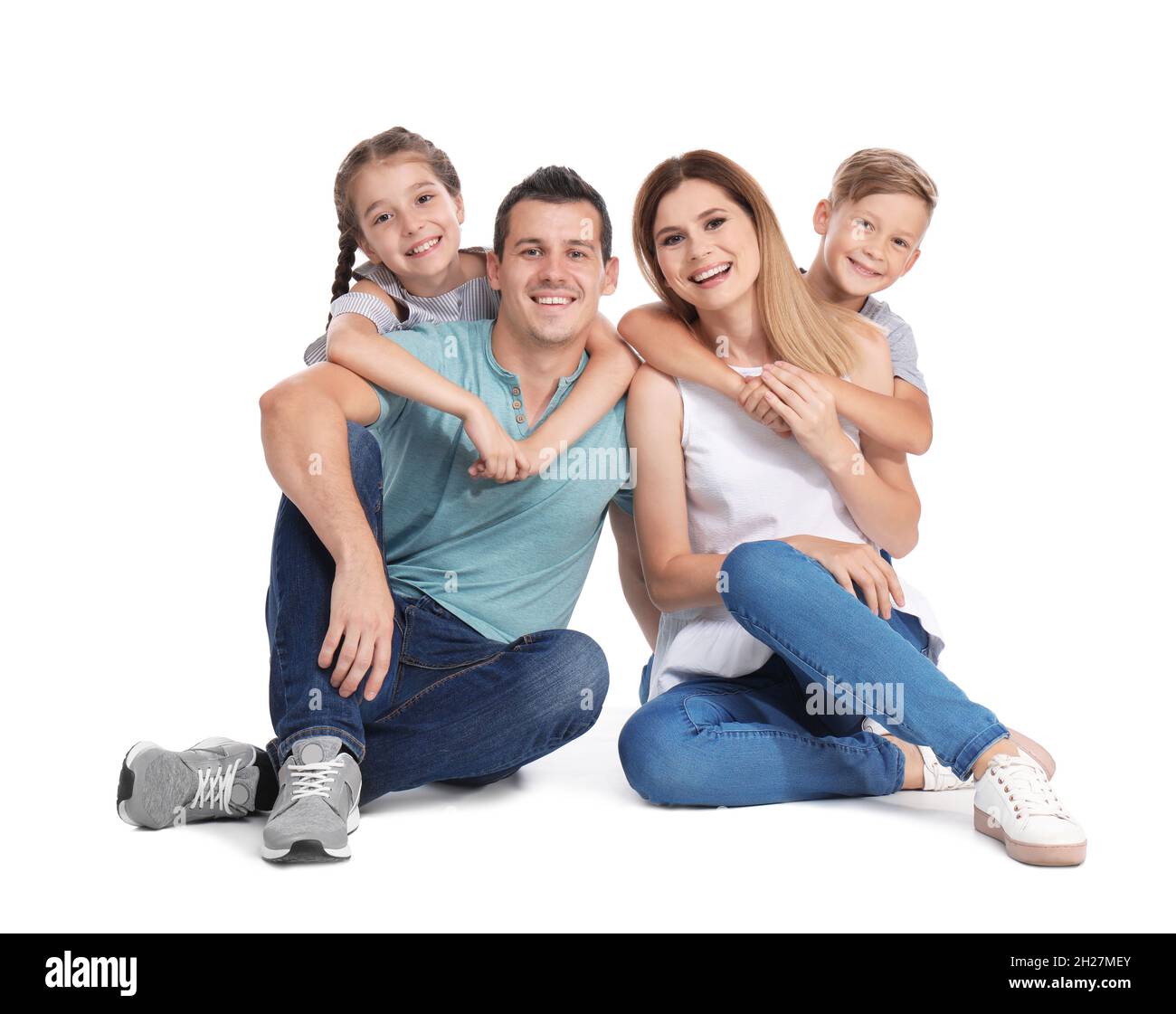 Happy family with children on white background Stock Photo - Alamy
