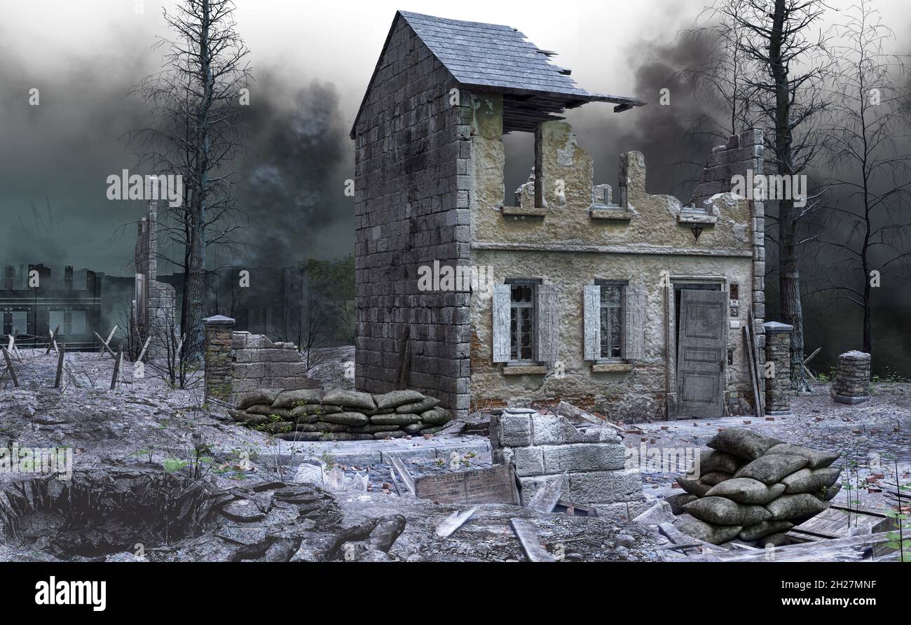 Apocalyptic Dystopian Battlefield with Smoke, 3D Illustration, 3D ...