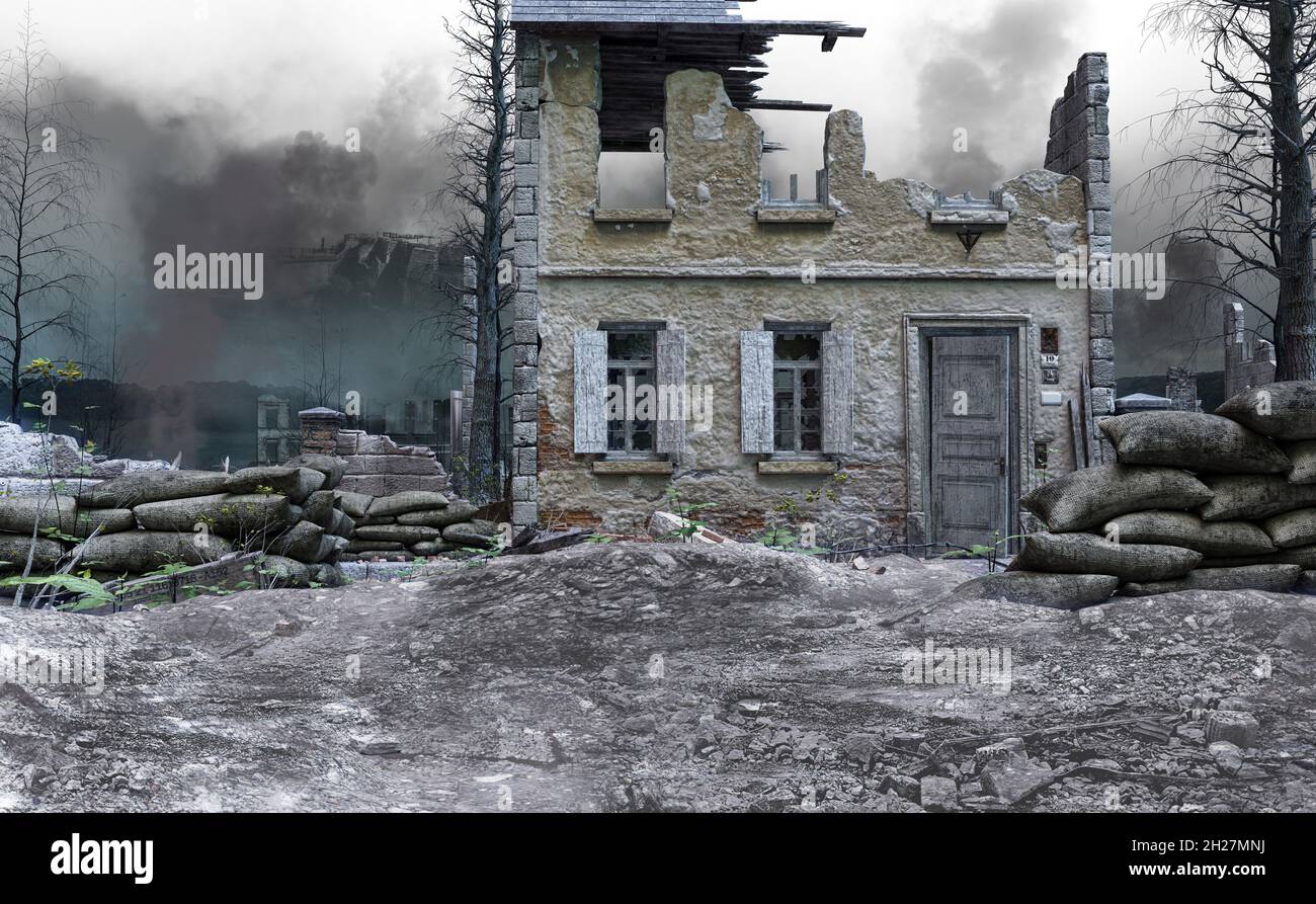Apocalyptic Dystopian Battlefield with Smoke, 3D Illustration, 3D ...