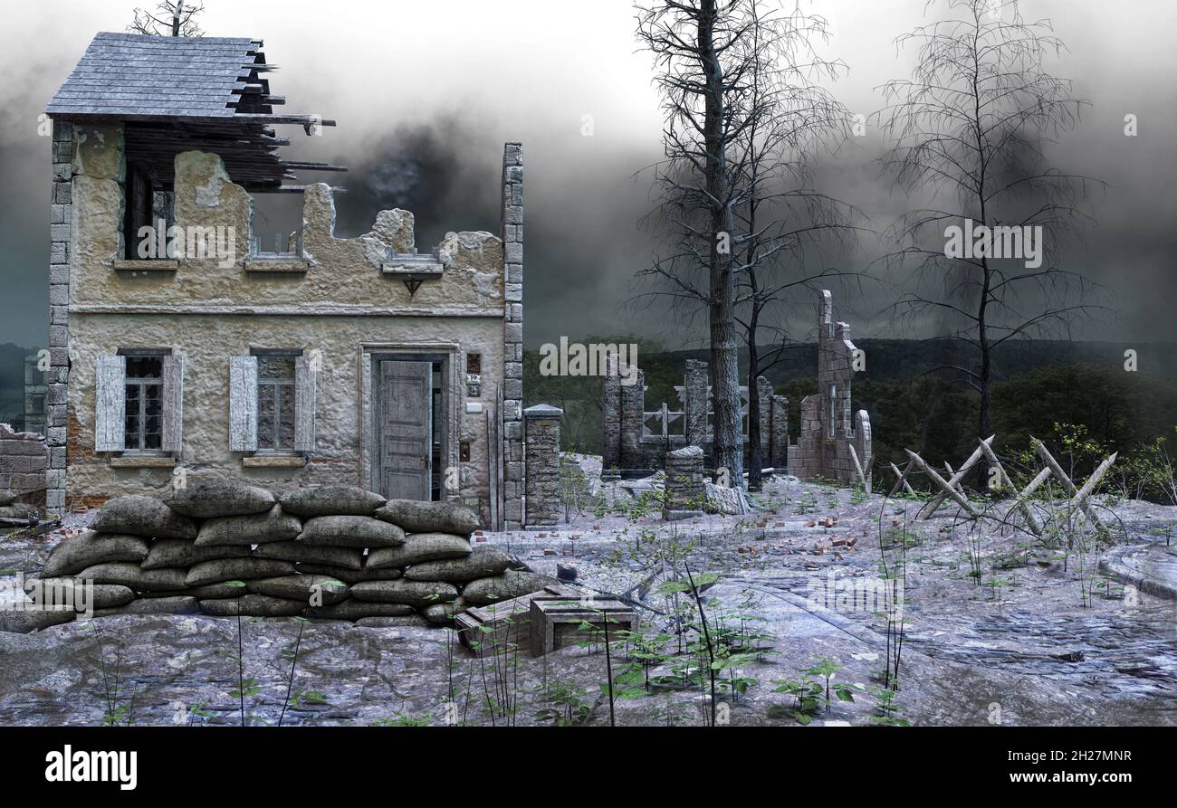 Apocalyptic Dystopian Battlefield with Smoke, 3D Illustration, 3D ...