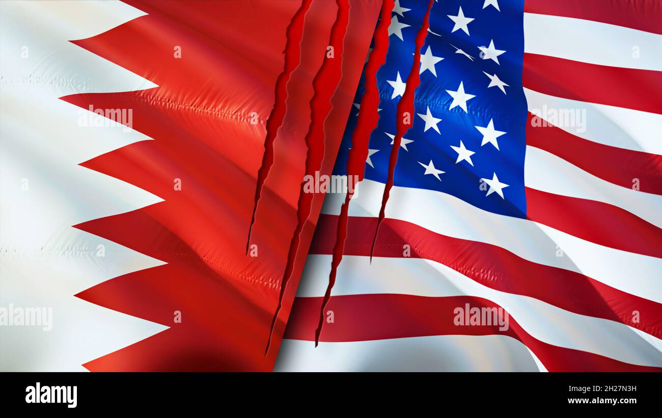Bahrain and USA flags with scar concept. Waving flag,3D rendering. USA ...