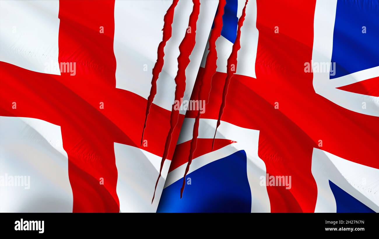 England and United Kingdom flags with scar concept. Waving flag,3D ...