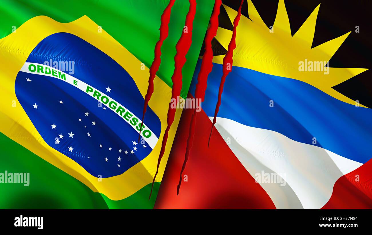 Brazil and Antigua and Barbuda flags with scar concept. Waving flag 3D ...