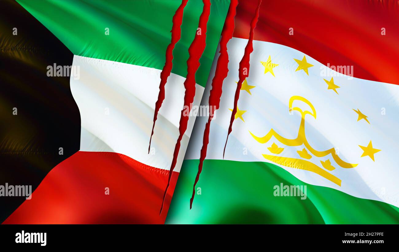 Kuwait and Tajikistan flags with scar concept. Waving flag,3D rendering ...