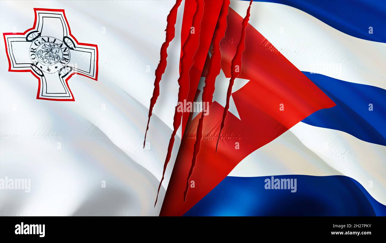 Malta and Cuba flags with scar concept. Waving flag,3D rendering. Cuba ...