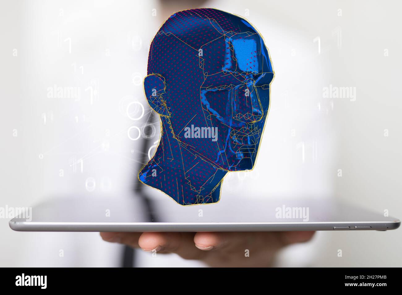 3d rendered human head hovering over a person's hand holding a tablet ...