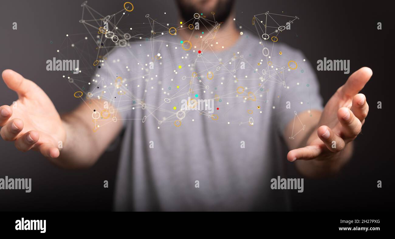 3d rendered network connection dots and lines hovering over the man's hands Stock Photo - Alamy