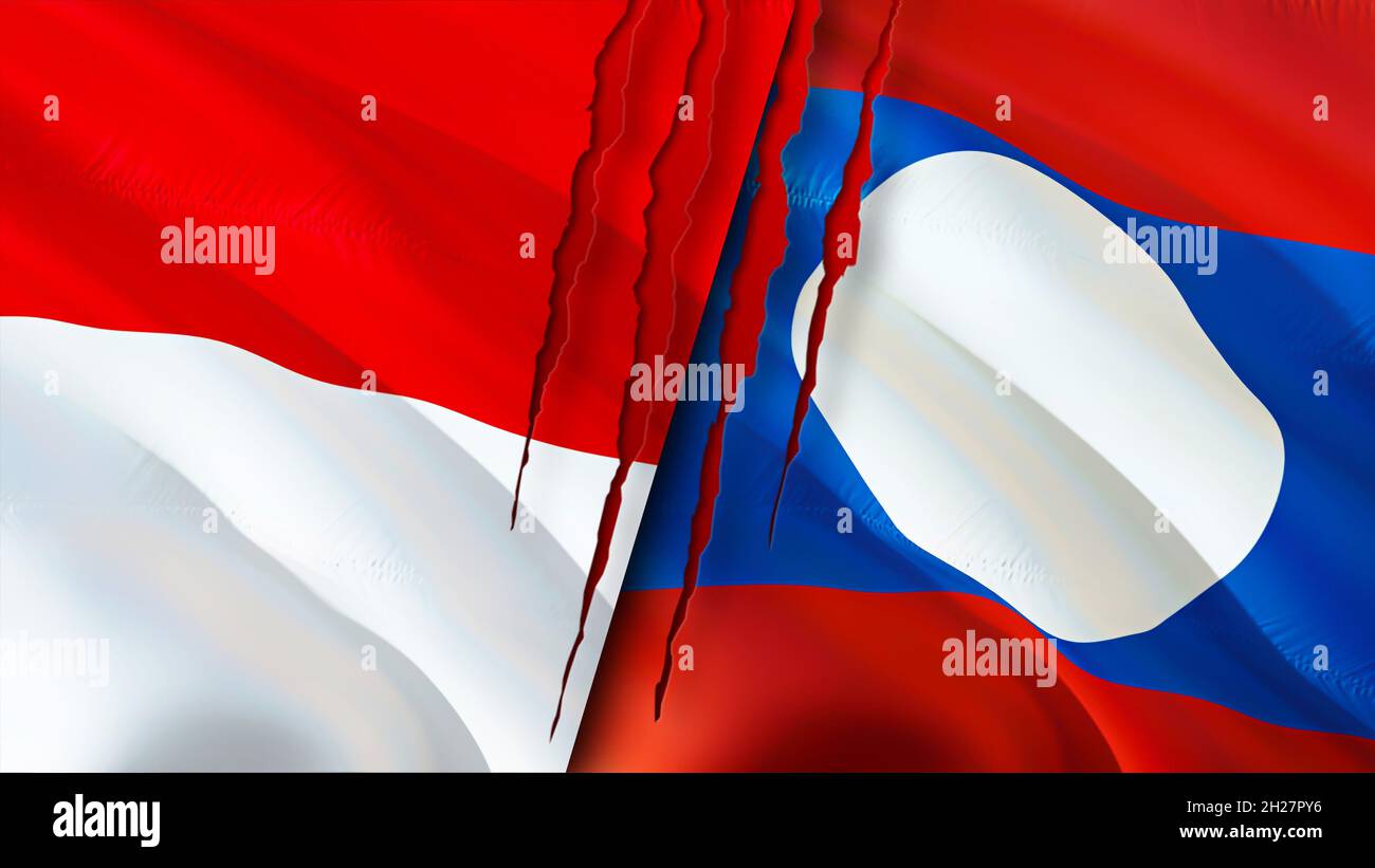 Monaco and Laos flags with scar concept. Waving flag,3D rendering. Laos ...