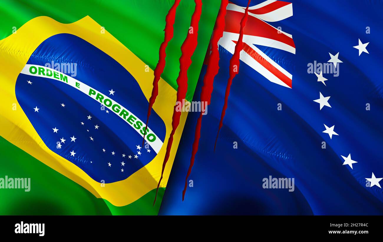 Brazil and Cook Islands flags with scar concept. Waving flag 3D ...