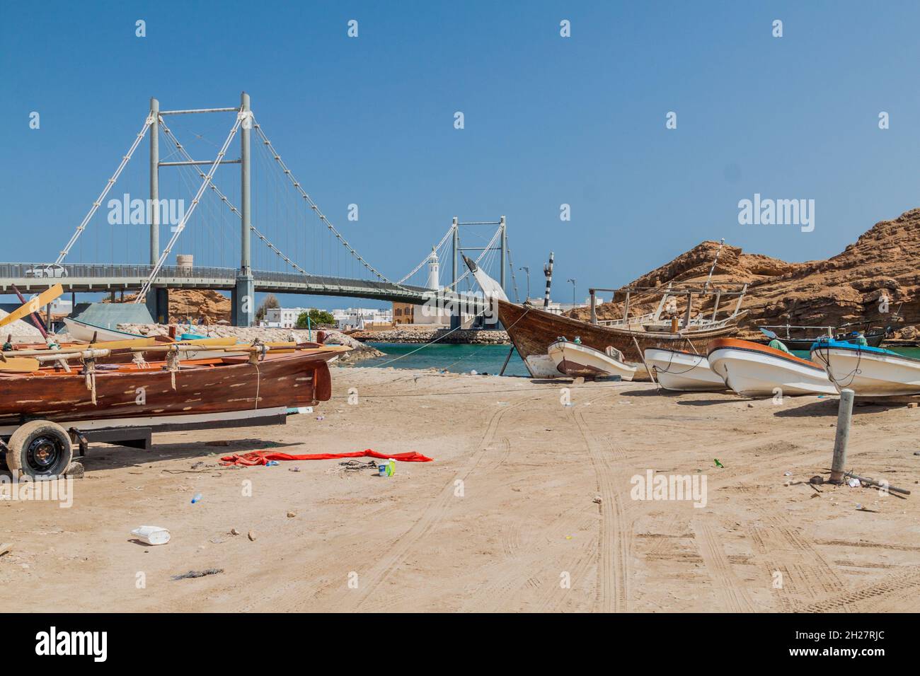 Fishing boats in Sur, Oman. Khor al Batar bridge in the background ...