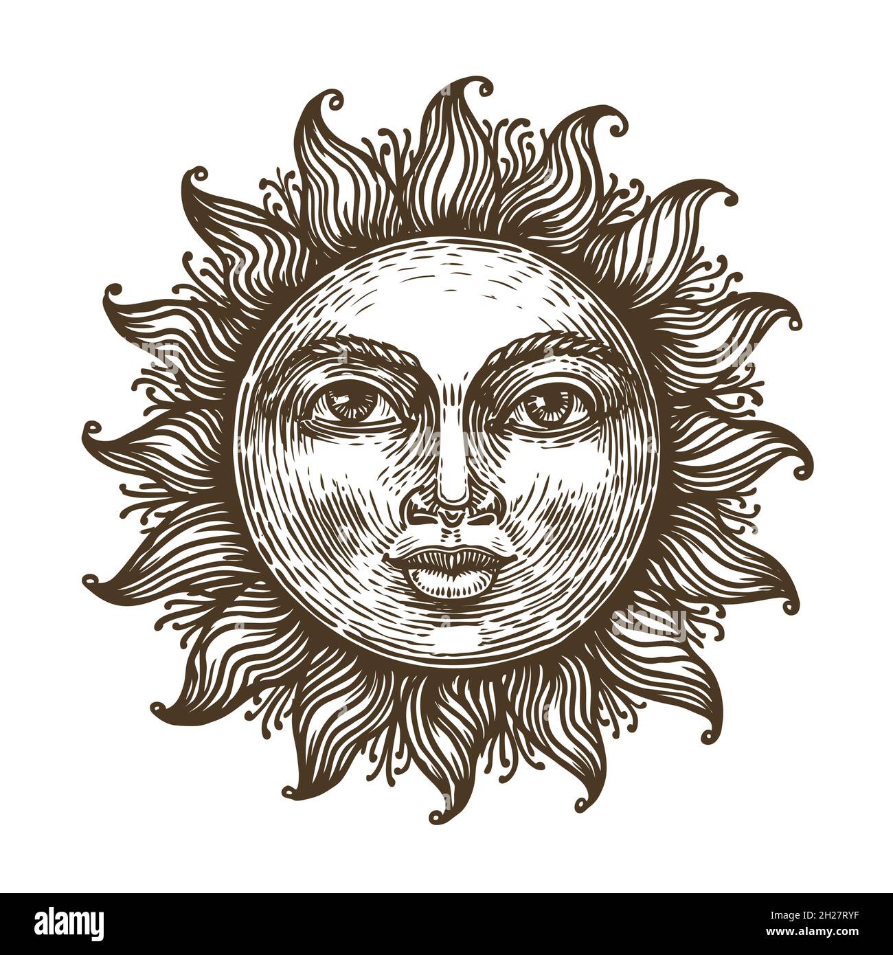 Hand drawn sun with face stylized as engraving. Astrology symbol. Print ...