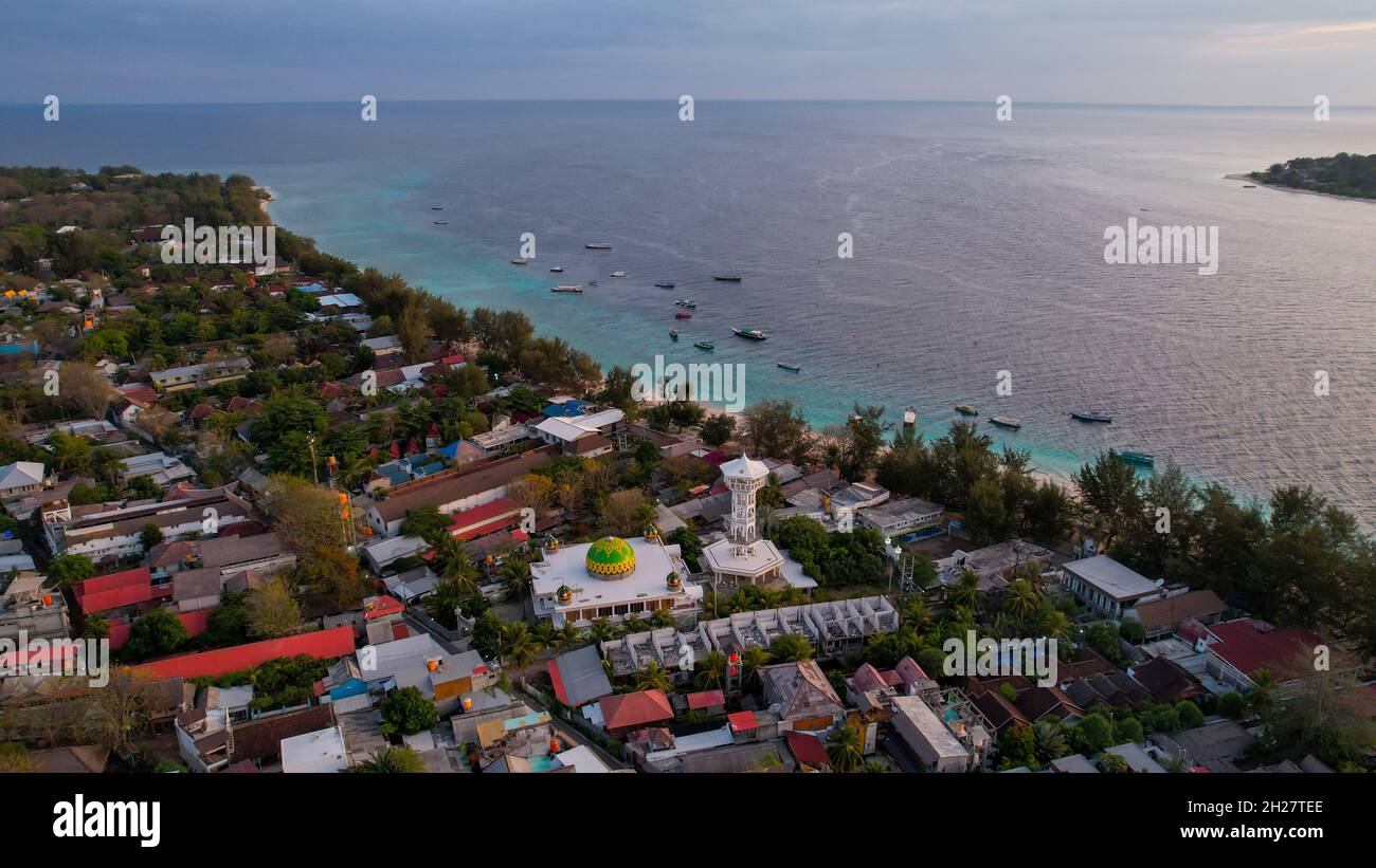 Aerial view of Gili Trawangan Island, Indonesia with morning sunrise ...