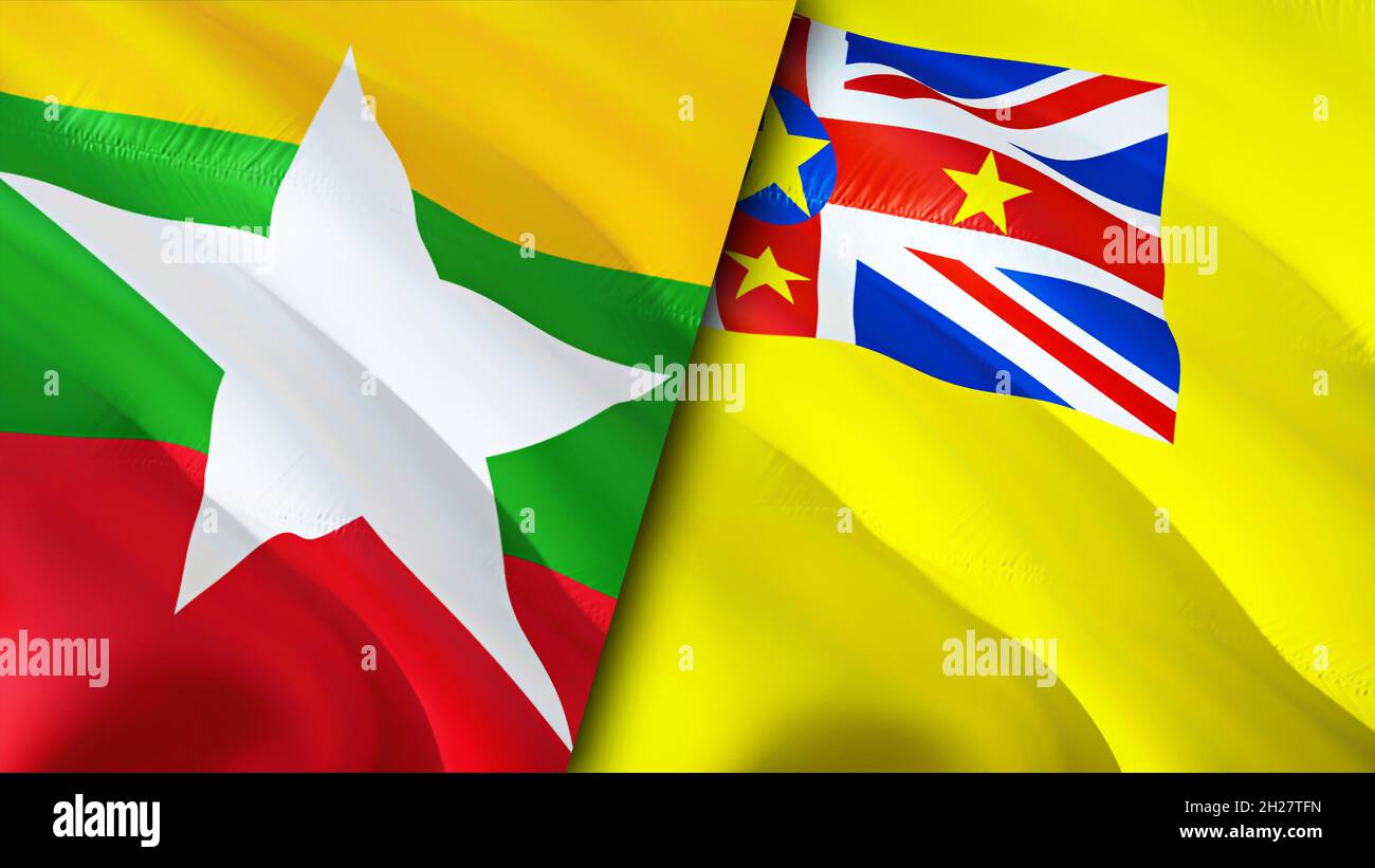 Myanmar and Niue flags. 3D Waving flag design. Niue Myanmar flag ...