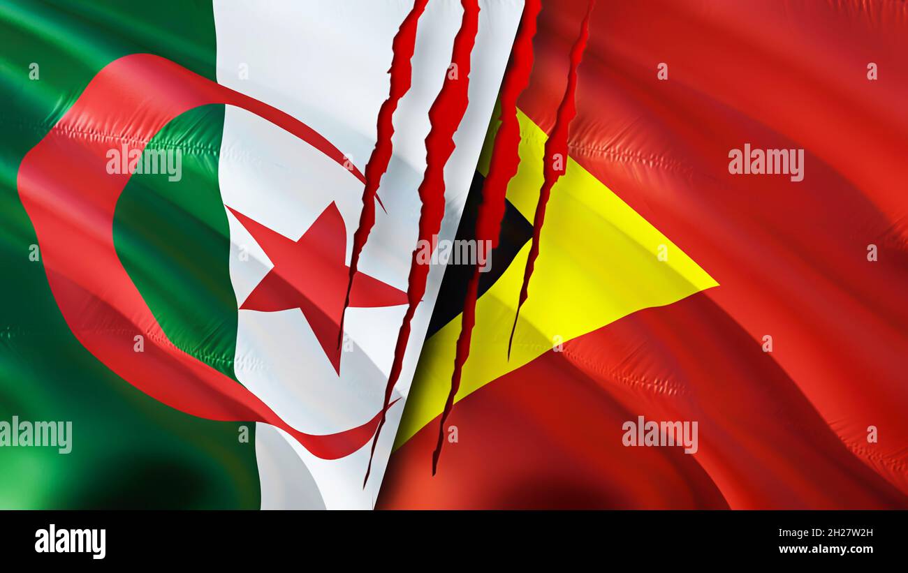Algeria and East Timor flags with scar concept. Waving flag 3D ...