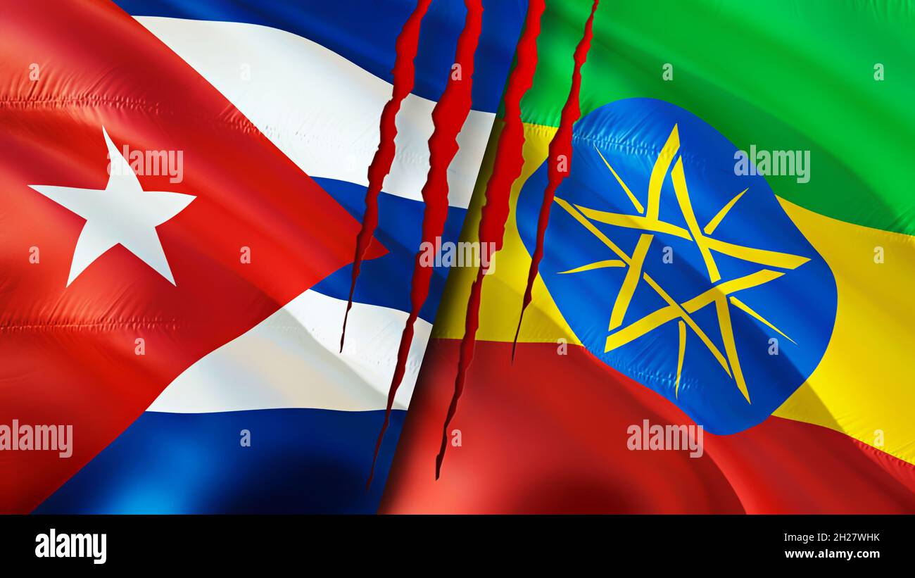Cuba and Ethiopia flags with scar concept. Waving flag 3D rendering ...