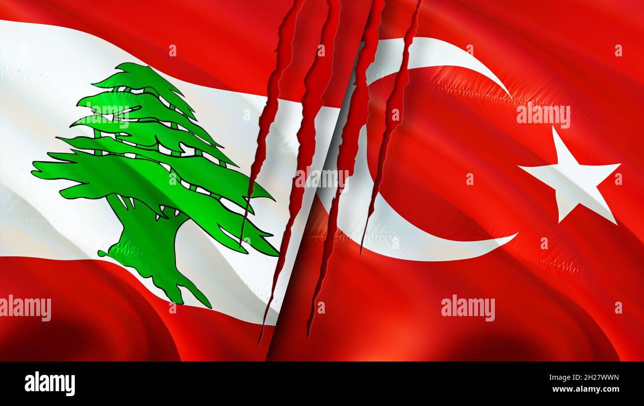 Lebanon and Turkey flags with scar concept. Waving flag,3D rendering ...