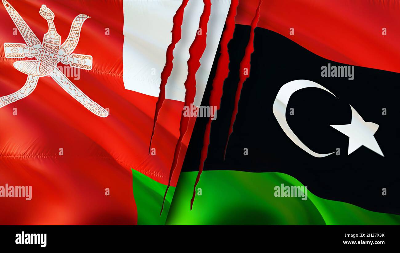 Oman and Libya flags with scar concept. Waving flag,3D rendering. Libya ...