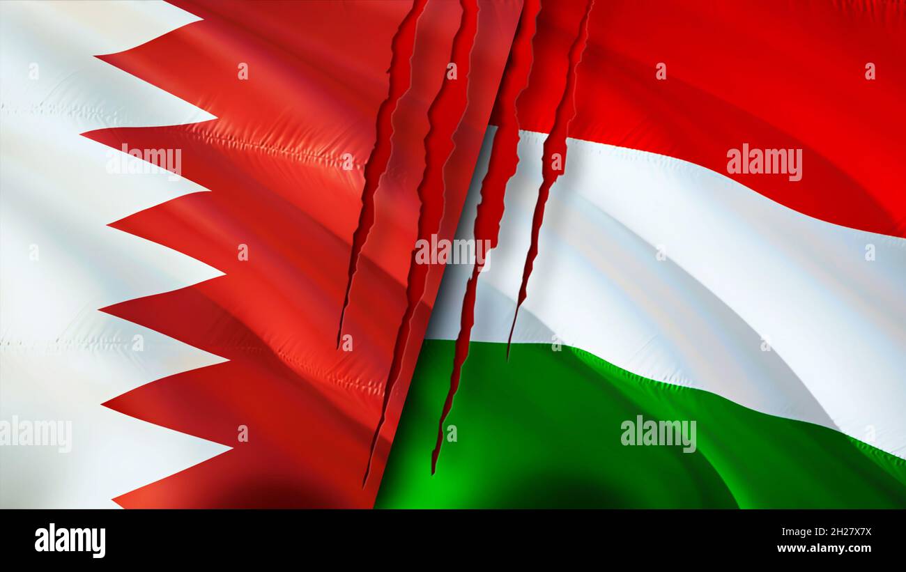 Bahrain and Hungary flags with scar concept. Waving flag,3D rendering ...