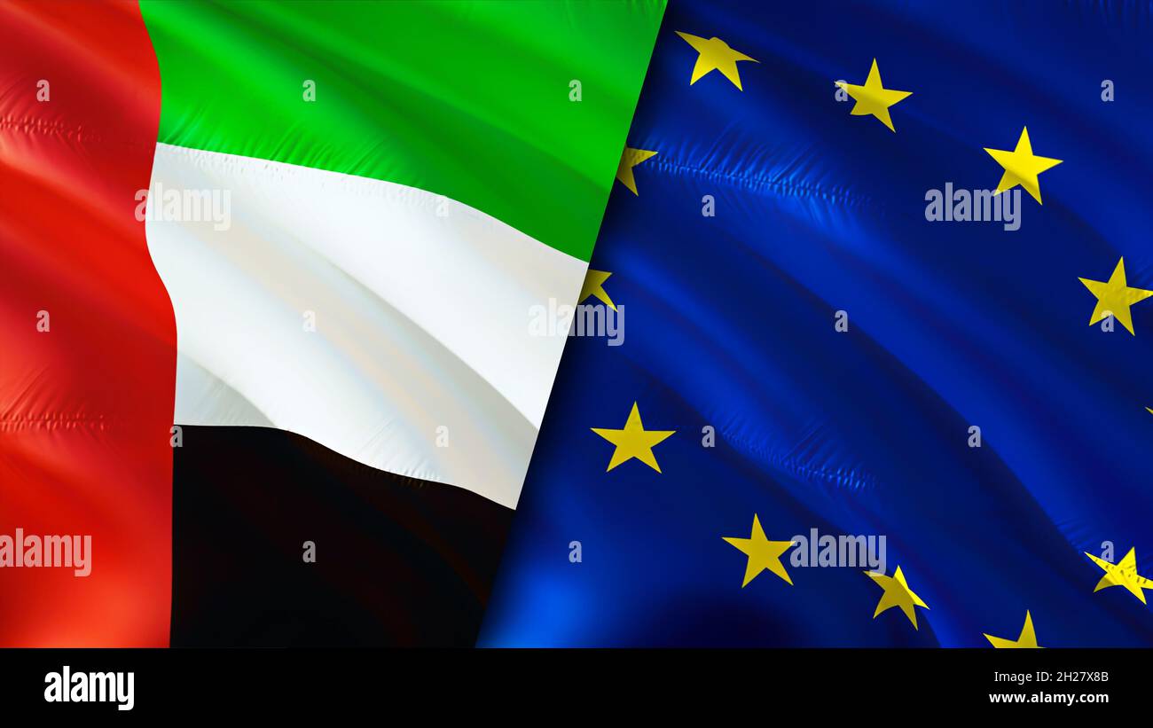 Emirates and European Union flags. 3D Waving flag design. European ...