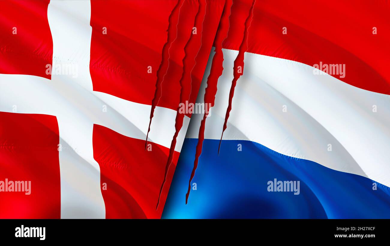 Denmark and Netherlands flags with scar concept. Waving flag,3D ...