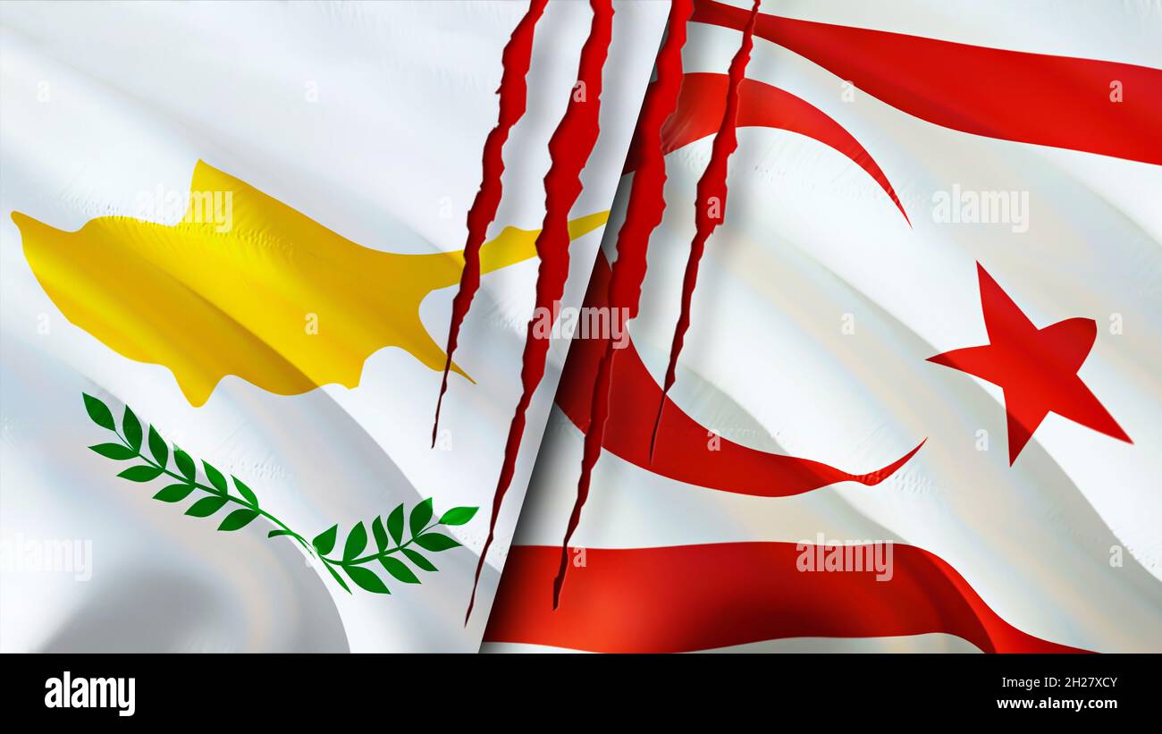 Cyprus and Northern Cyprus flags with scar concept. Waving flag,3D ...