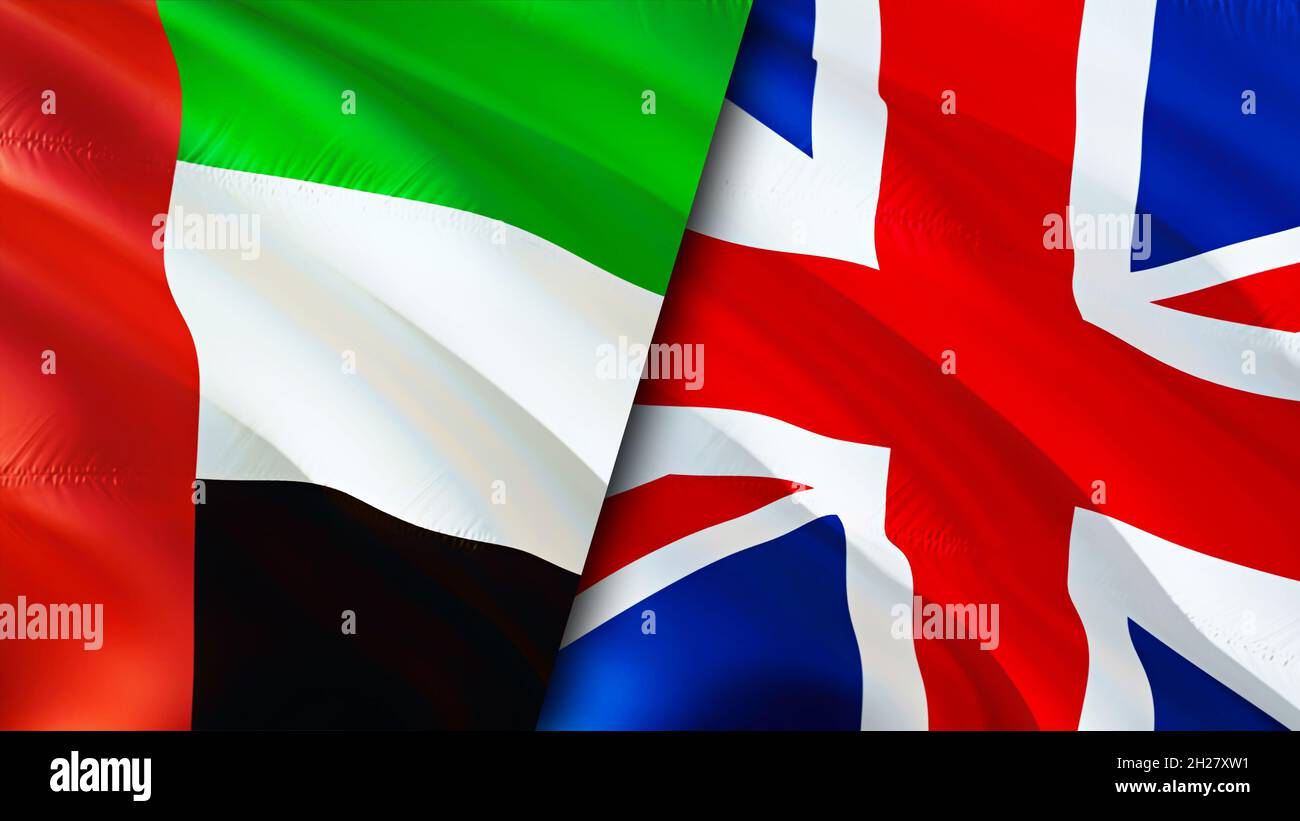 Emirates and United Kingdom flags. 3D Waving flag design. United ...