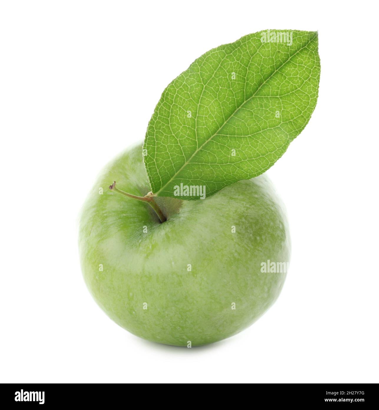 Fresh green apple with leaf on white background Stock Photo - Alamy