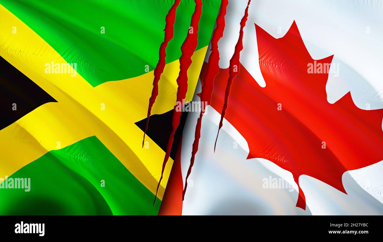 Jamaica and Canada flags with scar concept. Waving flag,3D rendering ...