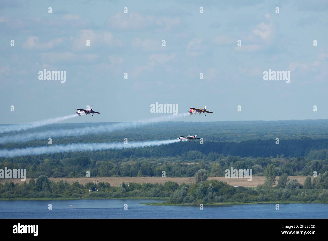 Airshow. Demonstration performances of military aircraft. . High ...