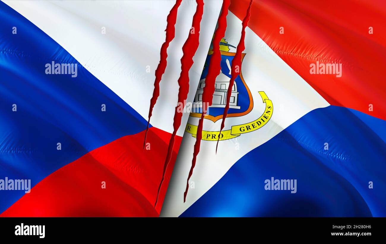 Czechia and Sint Maarten flags with scar concept. Waving flag,3D rendering. Sint Maarten and ...
