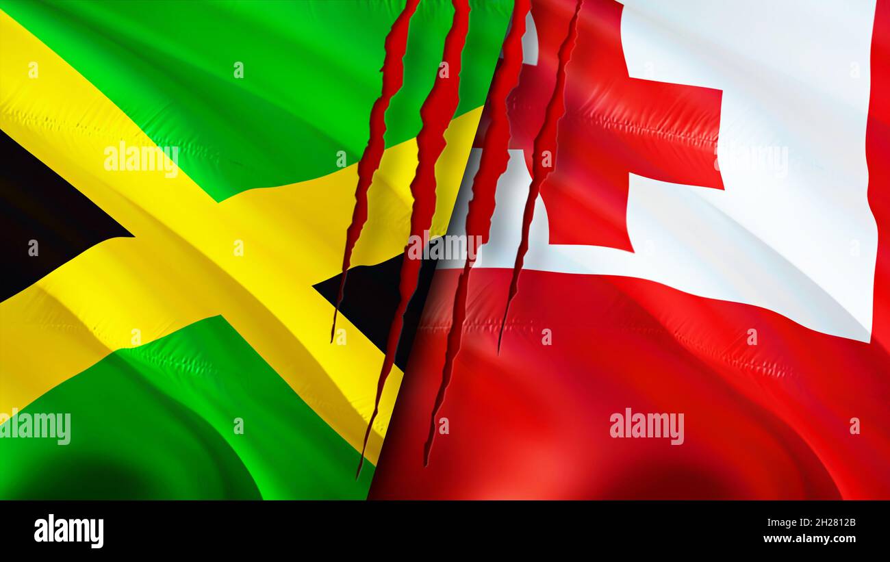 Jamaica and Tonga flags with scar concept. Waving flag,3D rendering ...
