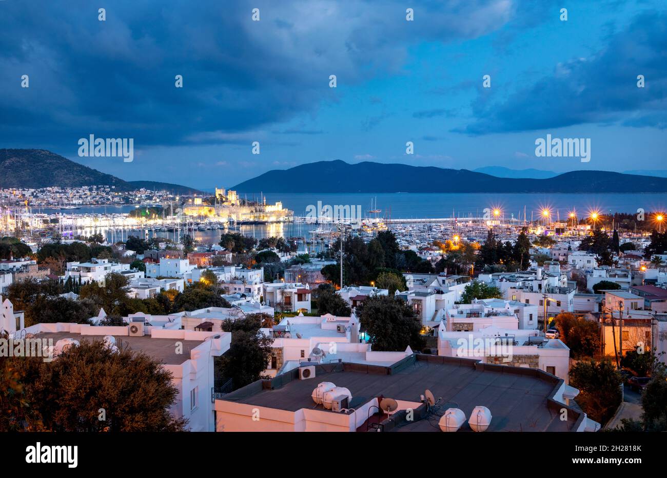 Wide angle photo of Bodrum city center at night Stock Photo - Alamy