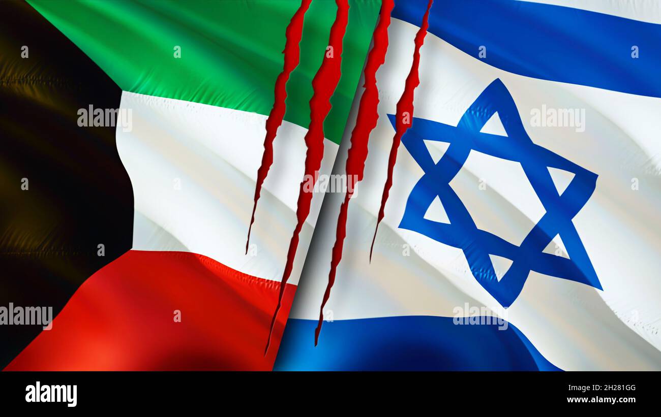 Kuwait and Israel flags with scar concept. Waving flag,3D rendering ...