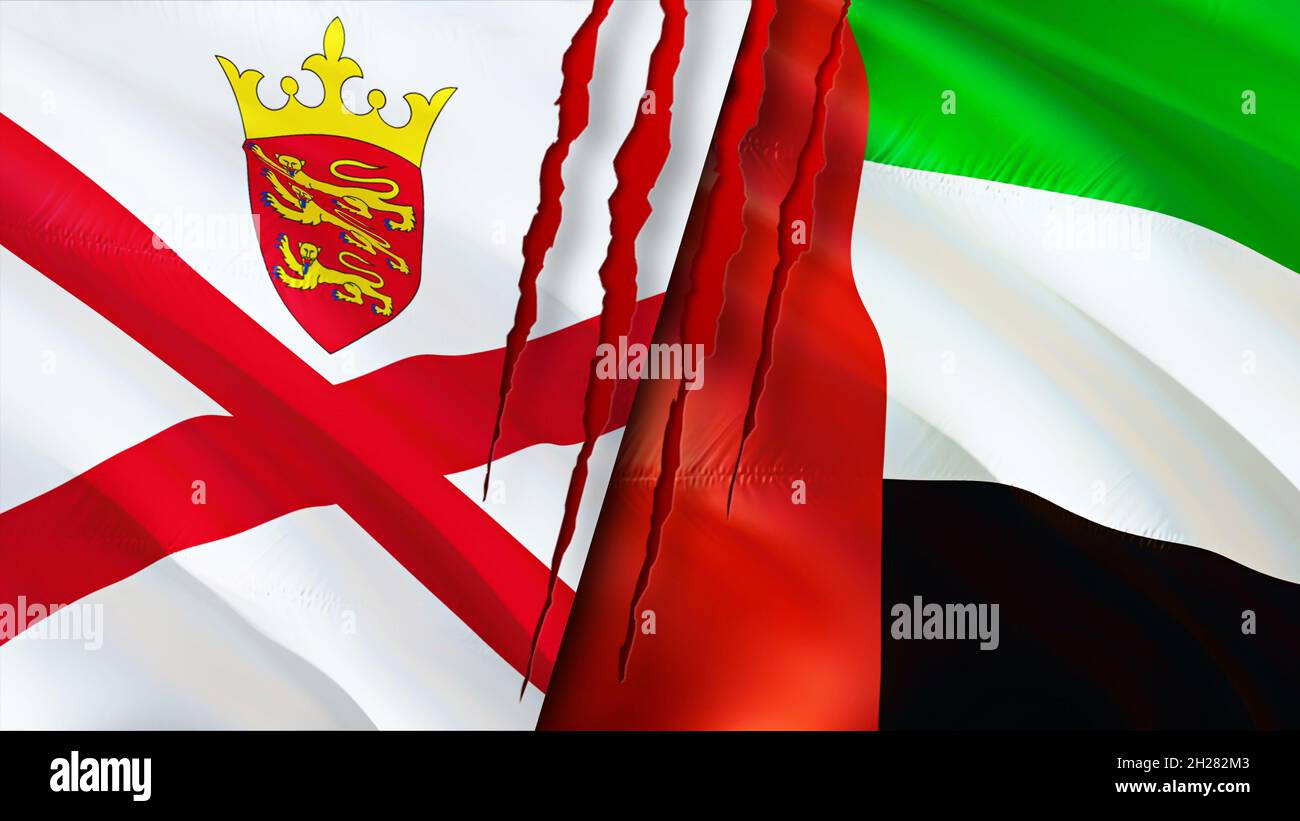 Jersey and United Arab Emirates flags with scar concept. Waving flag,3D ...