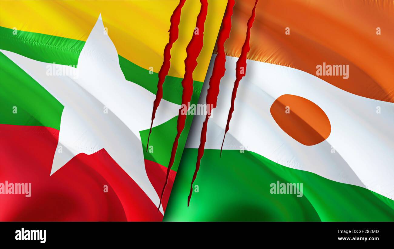 Myanmar and Niger flags with scar concept. Waving flag,3D rendering ...