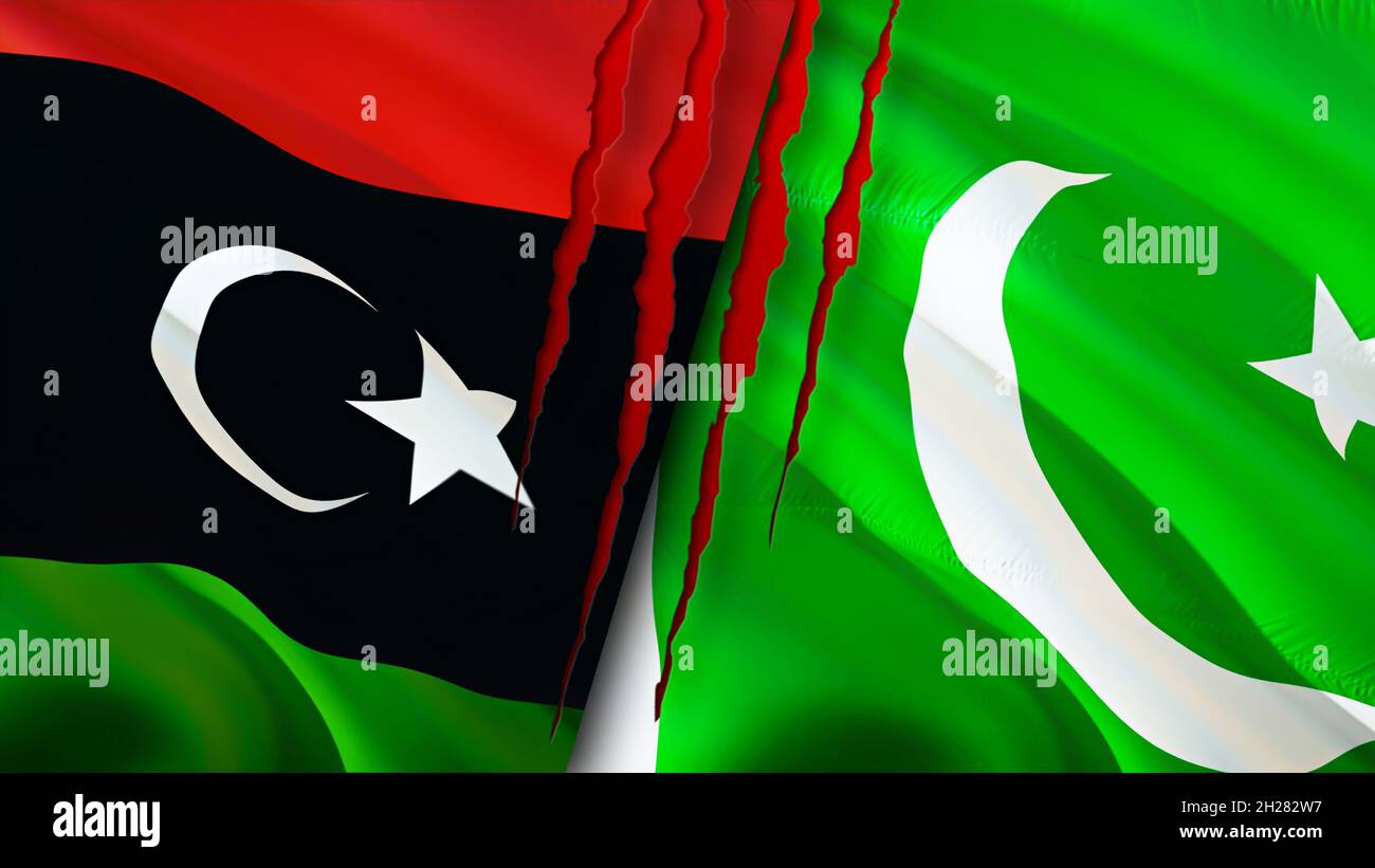 Libya and Pakistan flags with scar concept. Waving flag,3D rendering ...