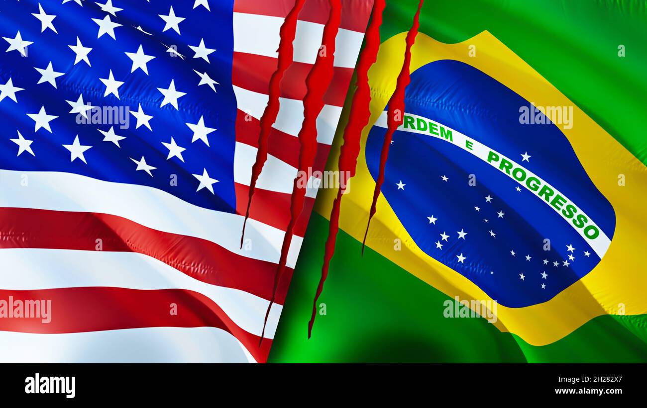 United States and Brazil flags with scar concept. Waving flag,3D ...