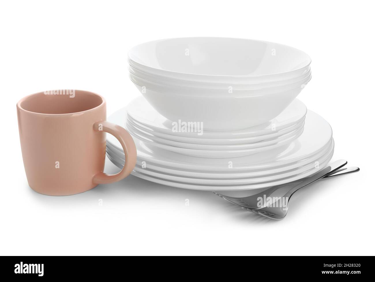 Different clean tableware on white background Stock Photo - Alamy