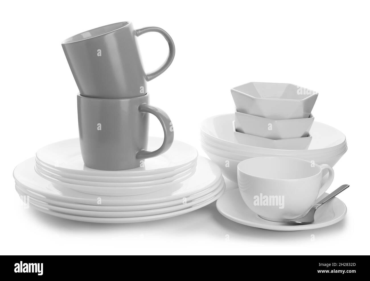 Different clean tableware on white background Stock Photo - Alamy