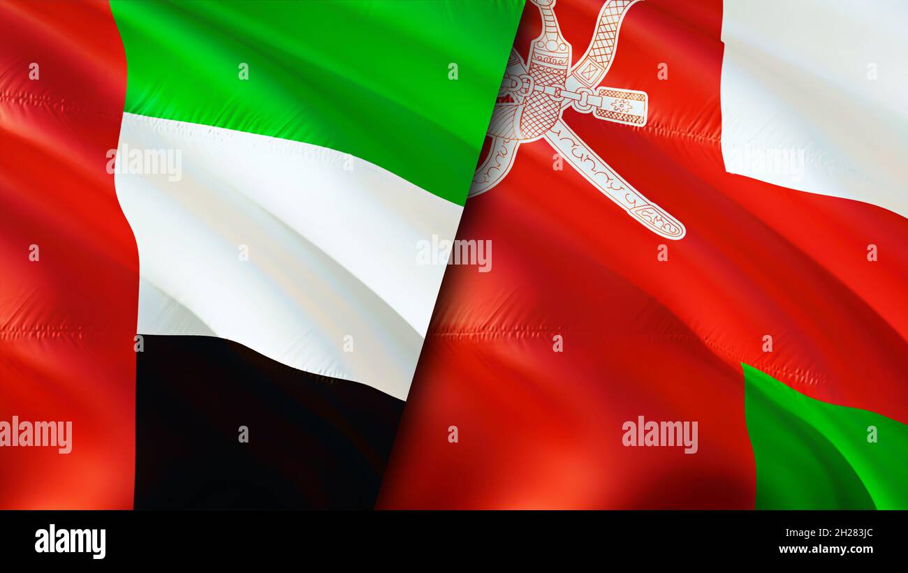 Emirates and Oman flags. 3D Waving flag design. Oman United Arab ...