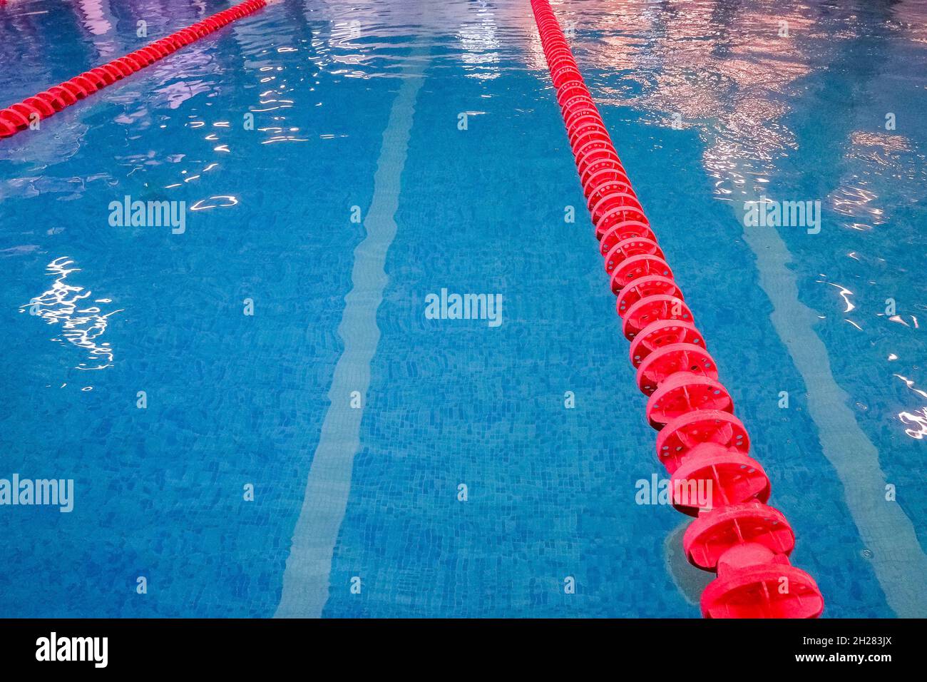 empty swimming pool with many lanes.An empty sports pool with a red ...