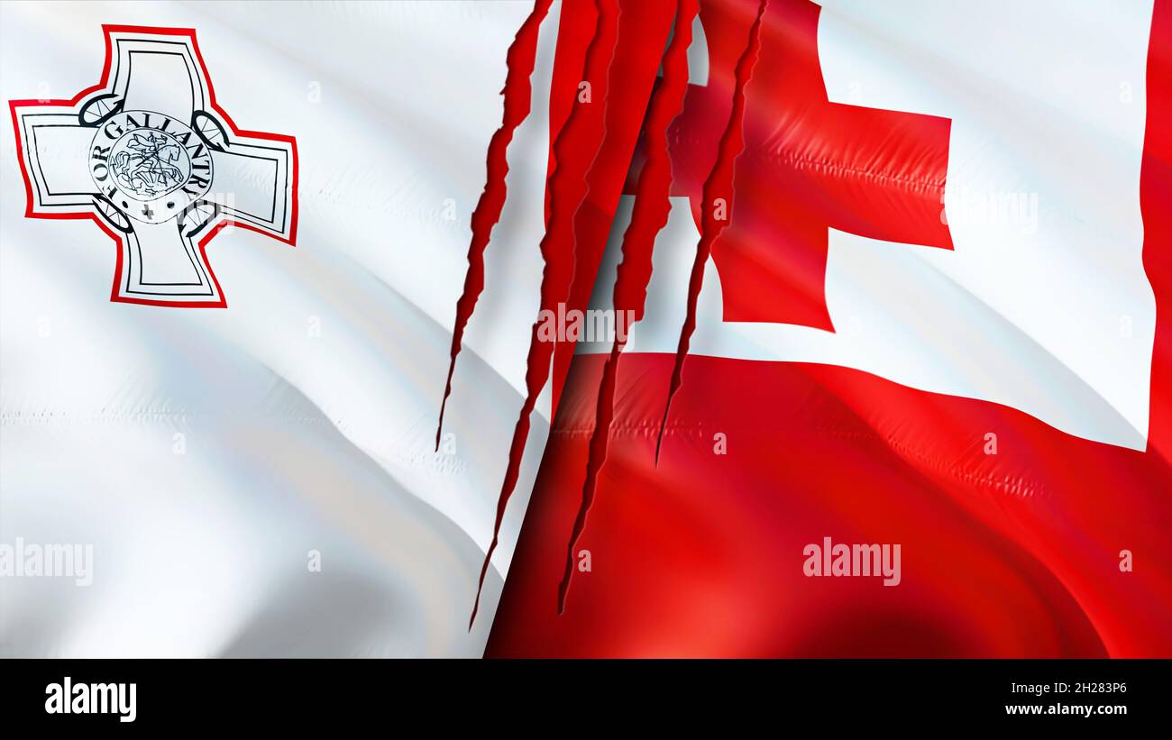 Malta and Tonga flags with scar concept. Waving flag,3D rendering ...